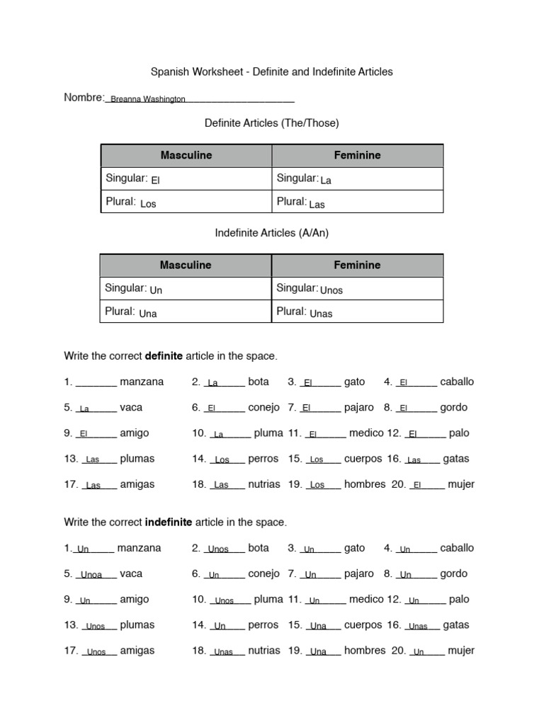 Ejercicio de Artículos en Español | PDF