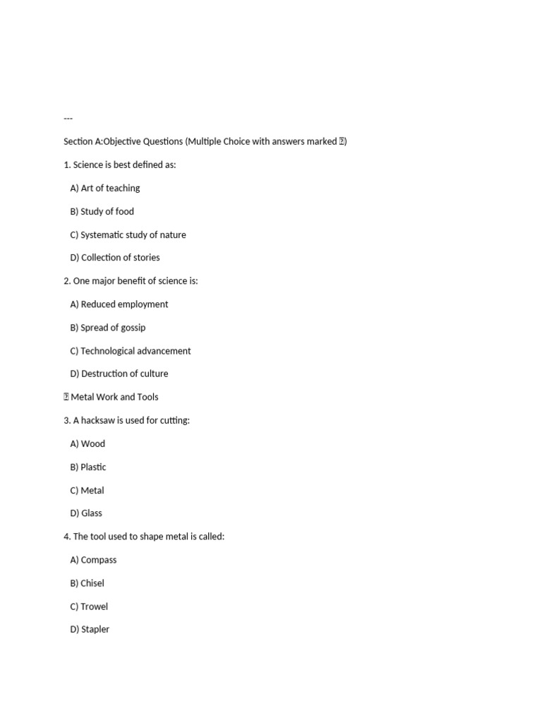 Science and Metalwork Quiz Guide | PDF