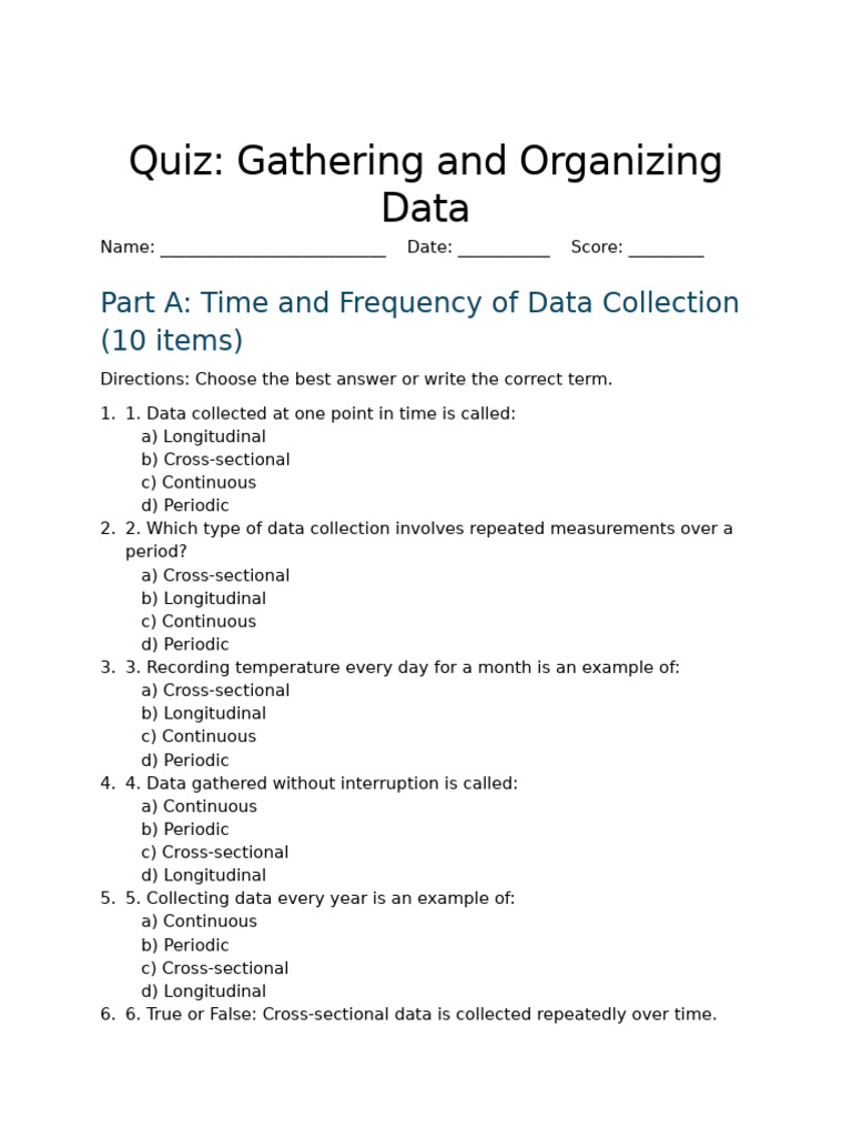 Quiz on Data Collection Methods | PDF | Chart | Pie Chart