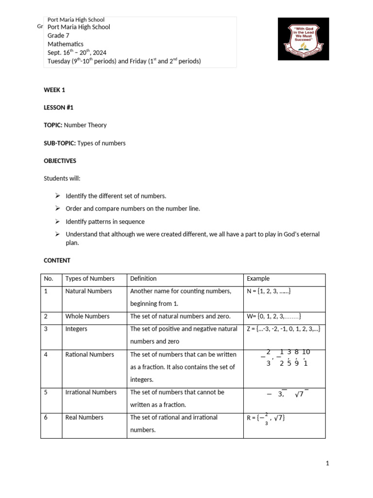 Grade 7 Mathematics Week 1 Lesson 1 Sept 2024 | PDF | Numbers | Prime ...