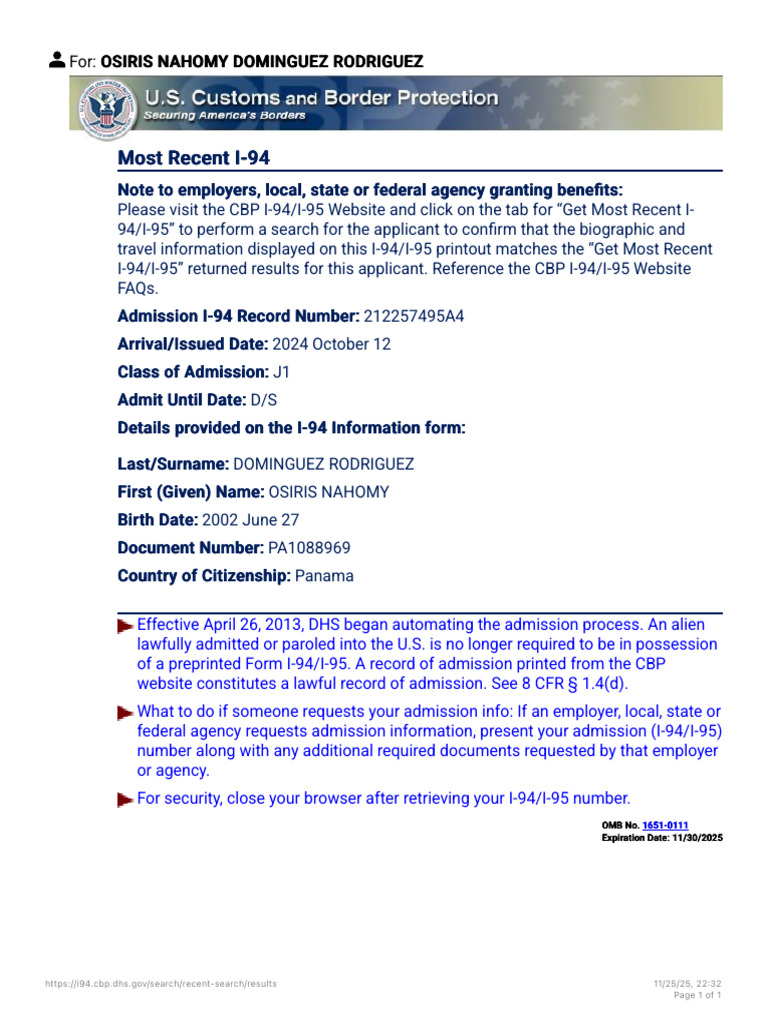 I-94 Admission Record for Osiris Dominguez | PDF