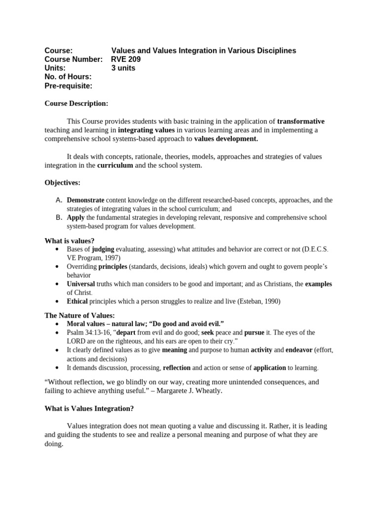 Values and Values Integration in Various Disciplines | PDF | Learning ...