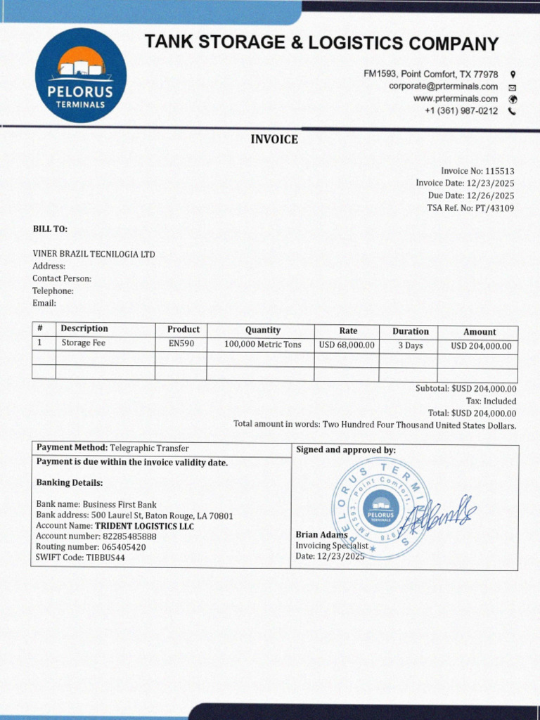 Pelorus Terminals - Invoice - Viner Brazil Tecnilogia Ltd (1) | PDF