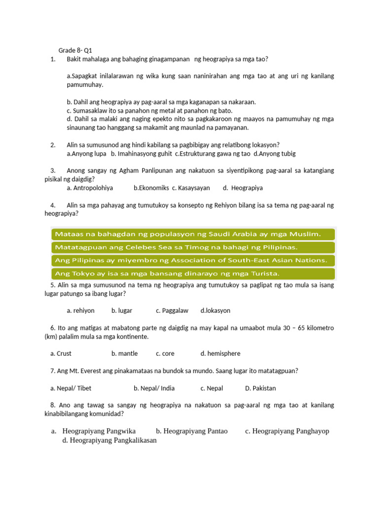 Grade 8 - AP - Q1 Reviewer | PDF