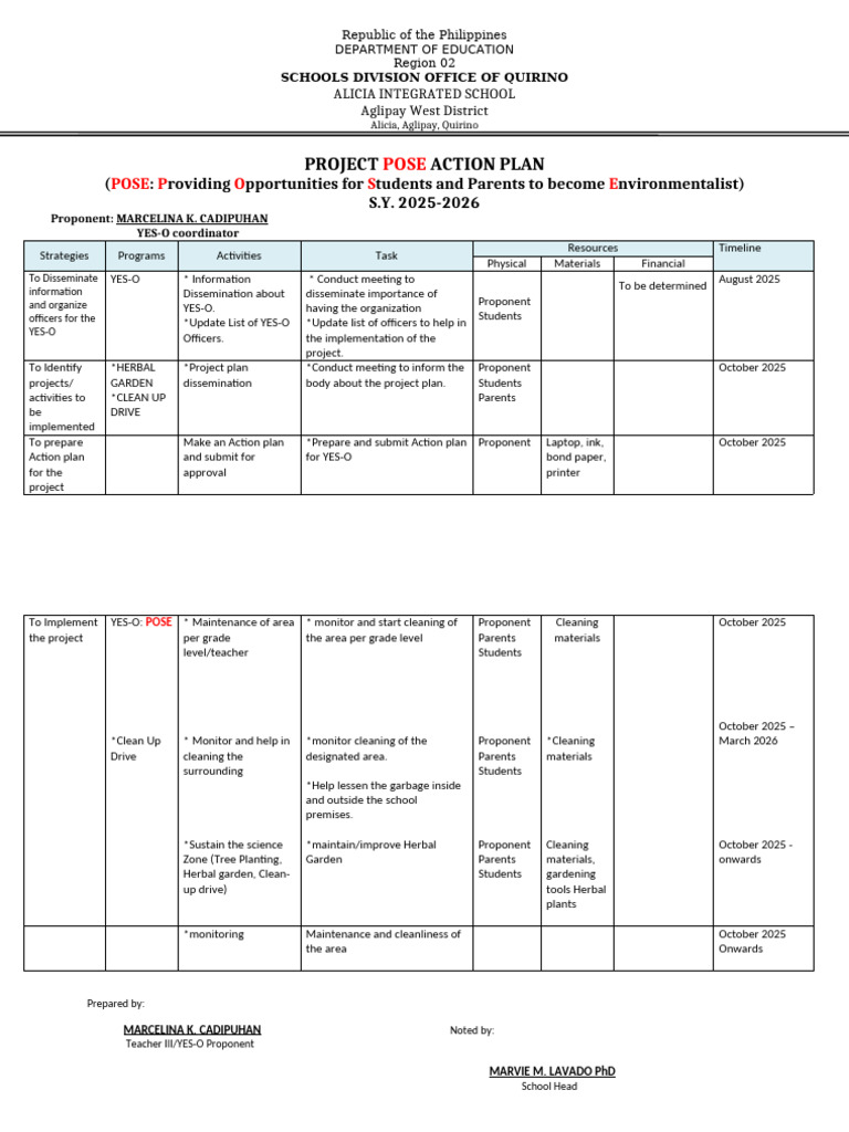 Project Pose Action Plan for YES-O | PDF