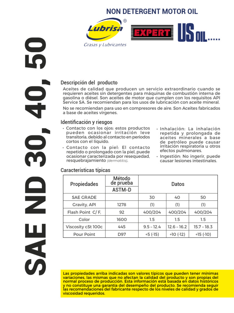 Ficha Tecnica Sae ND 30-40-50 1 | PDF | Petróleo | Lubricante