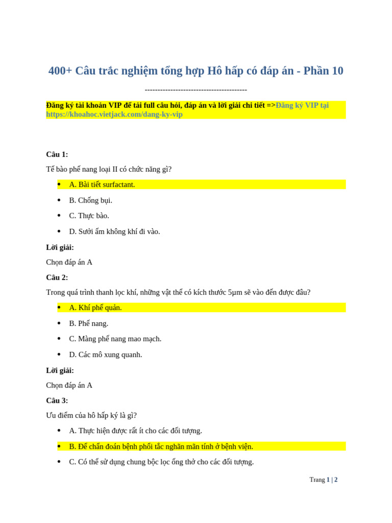 400 Cau Trac Nghiem Tong Hop Ho Hap Co Dap an Phan 10 2025-12-15 | PDF
