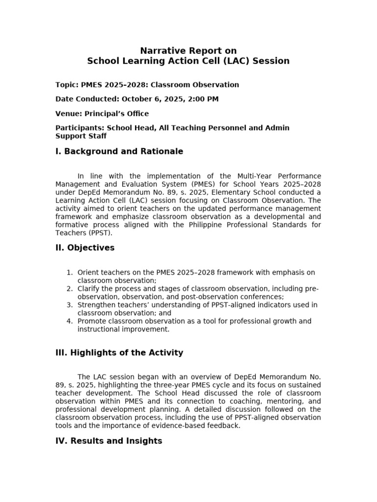 PMES 2025-2028 Classroom Observation Insights | PDF | Teachers | Mentorship