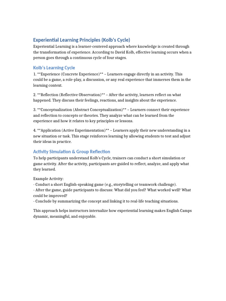 Experiential Learning Principles Kolbs Cycle | PDF