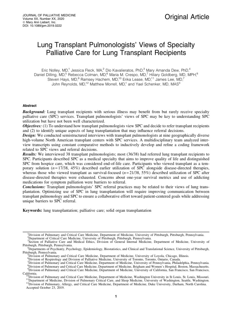 Lung Transplant Pulmonologists’ Views of Specialty Palliative Care for ...