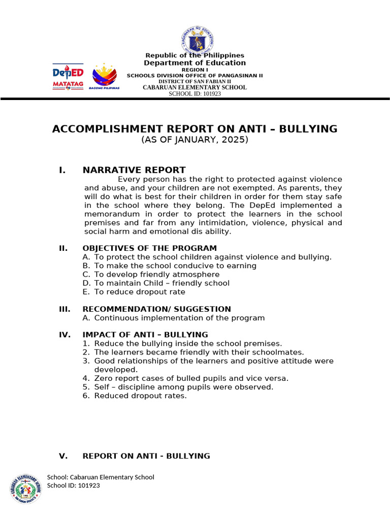 Anti-Bullying Accomplishment Report 2025 | PDF | Bullying | Violence