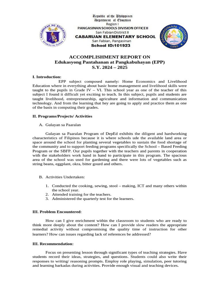 EPP Accomplishment Report 2024-2025 | PDF | Teachers | Schools