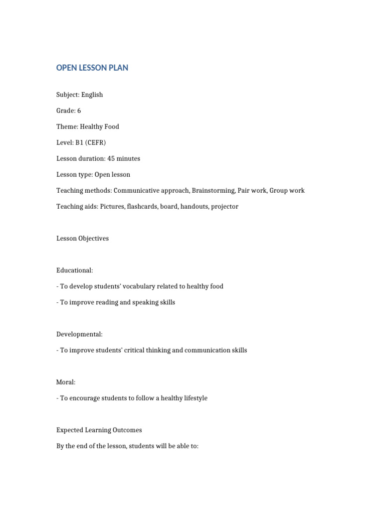 Healthy Food Open Lesson B1 45 Minutes | PDF