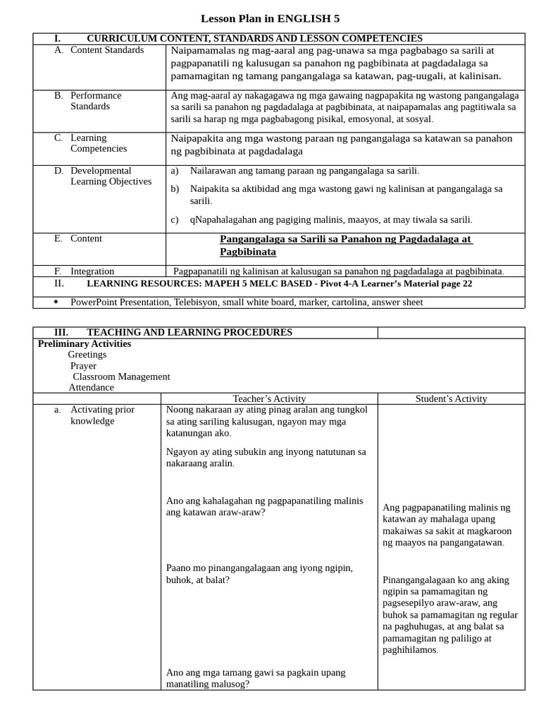 Lesson-plan in Mapeh 4docx | PDF