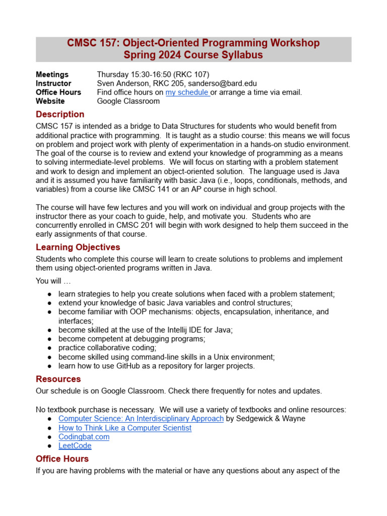 Syllabus157S24.pdf CS class bard college | PDF | Object Oriented ...