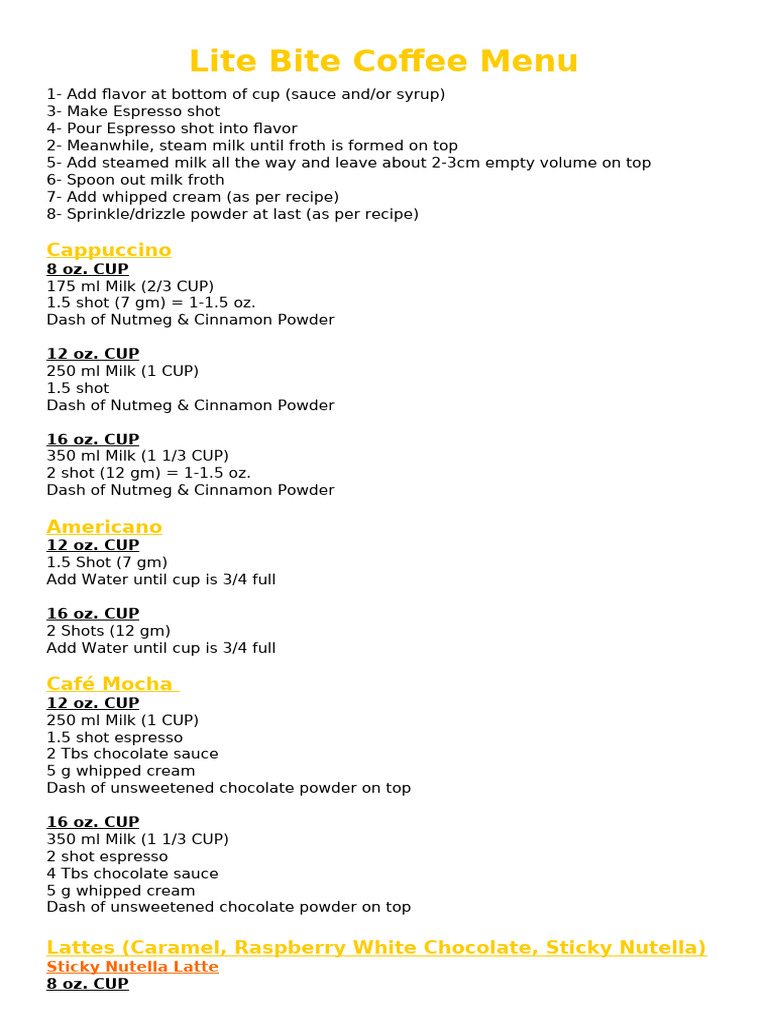 Lite Bite Coffee Menu | PDF | Coffee | Non Alcoholic Drinks