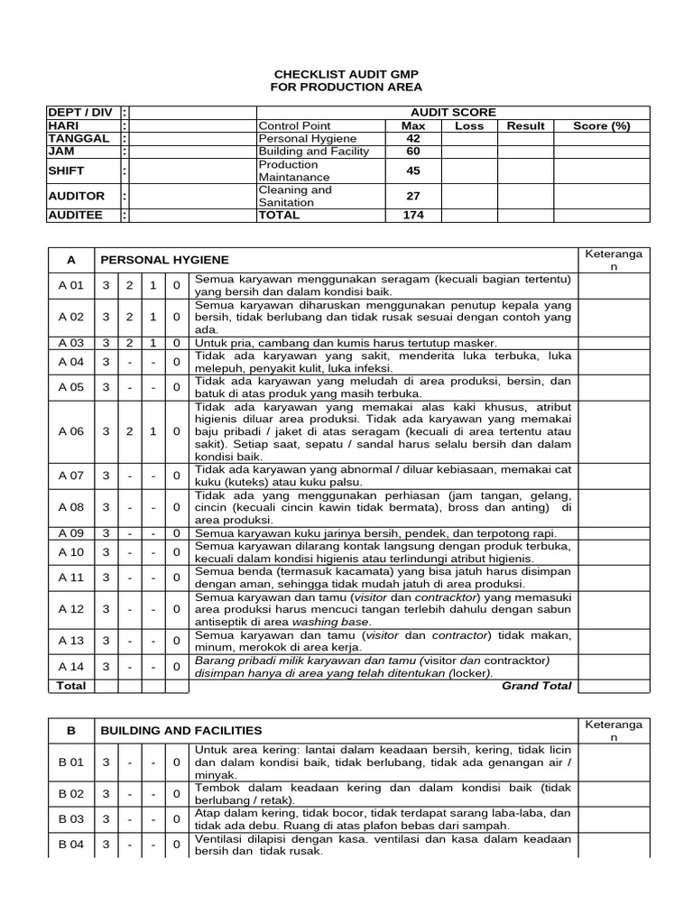 Checklist Audit GMP Produksi | PDF