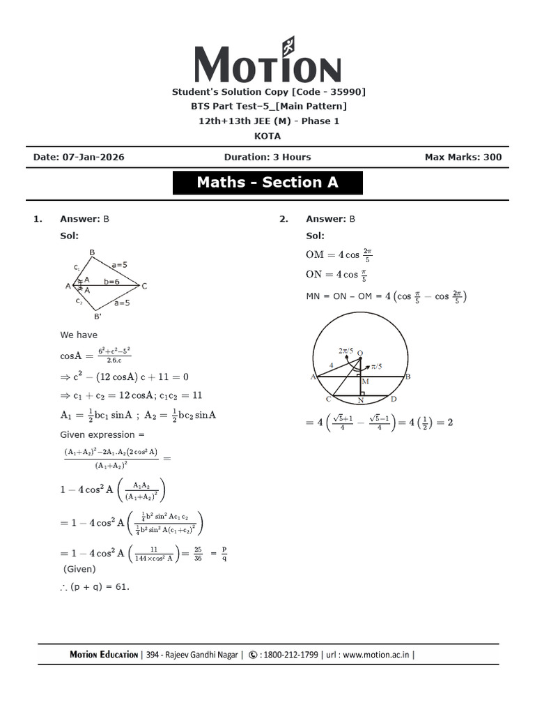 JEE Maths Solutions for KOTA Test 2026 | PDF | Mathematical Objects