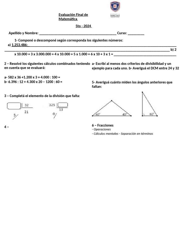 Evaluación Final de Matemática | PDF