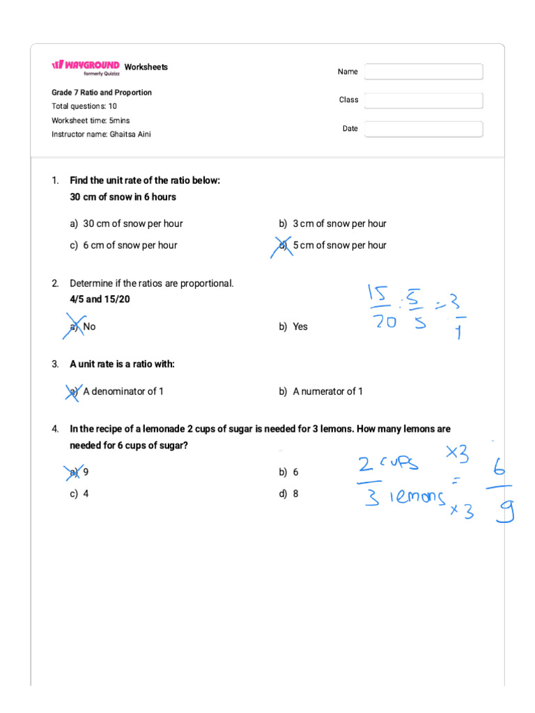 Grade 7 Ratio and Proportion Worksheet | PDF
