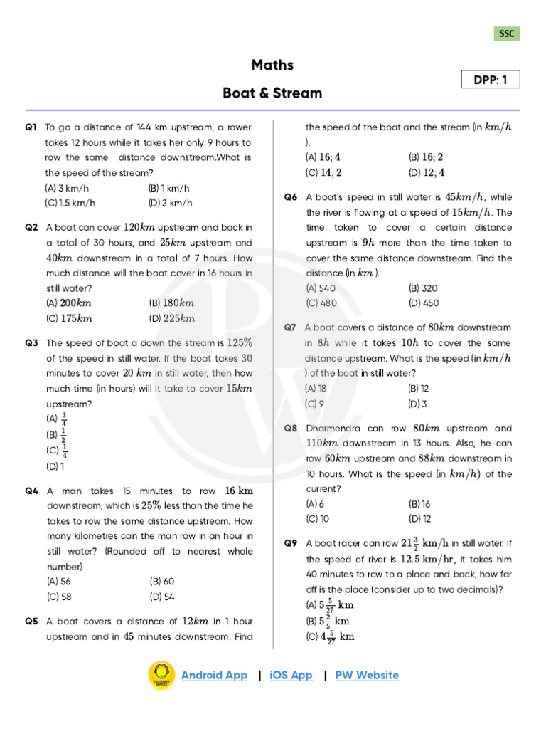 Boat & Stream _ DPP 01 (English) ~ (Maths) | PDF | Speed | Velocity