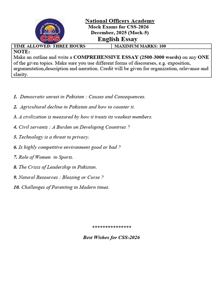 CSS-2026 Mock Exam: English Essay Topics | PDF