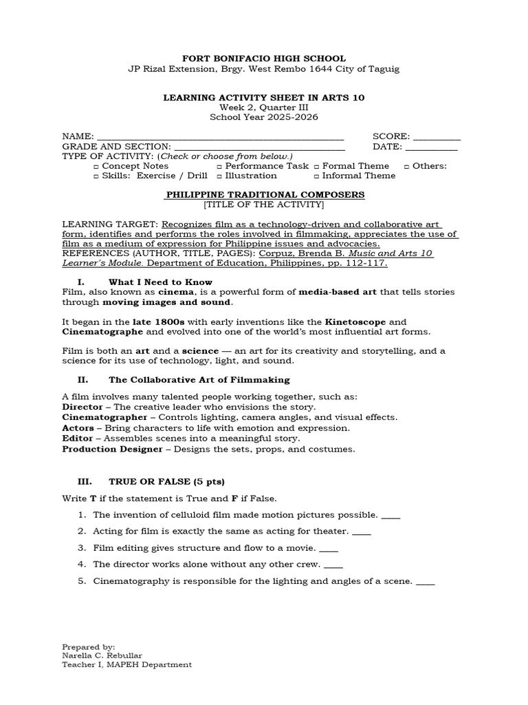 Arts 10 Learning Activity: Filmmaking | PDF
