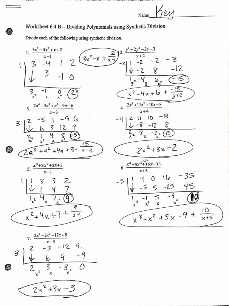 6.4B Dividing Polynomials Homework Key | PDF
