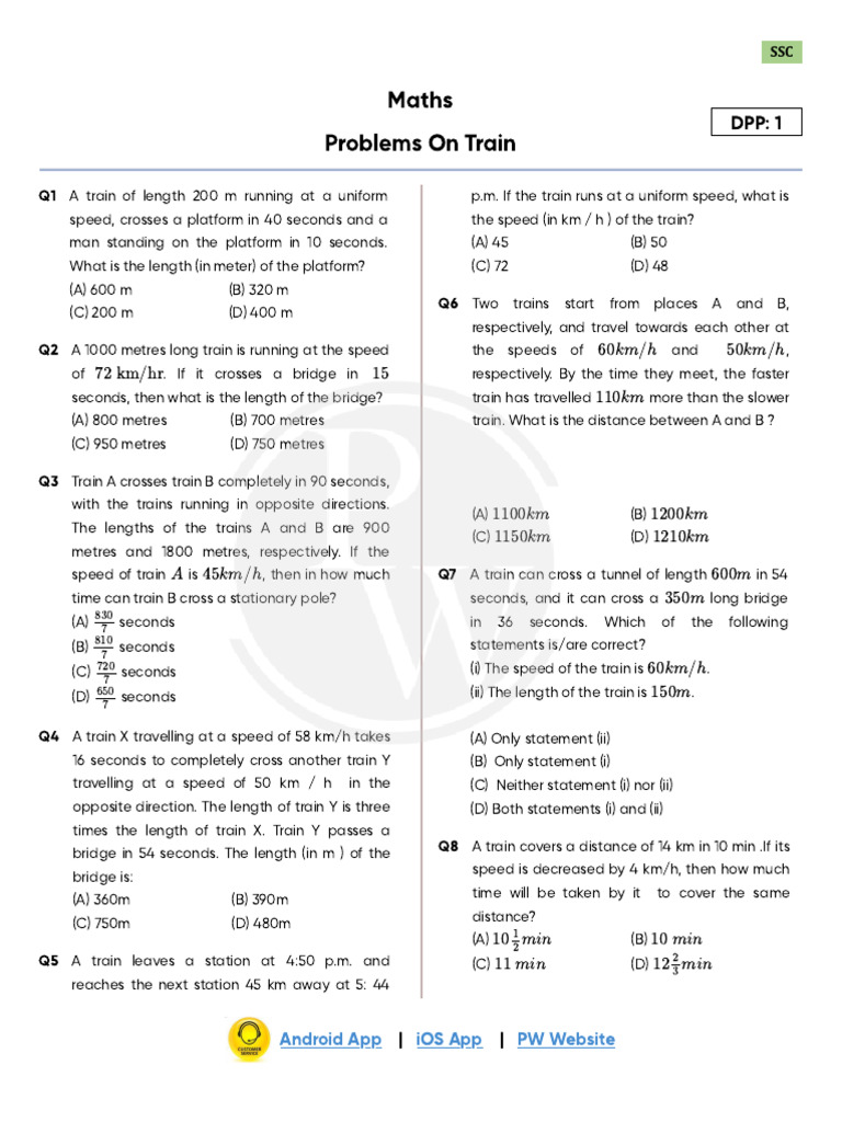Problems on Train _ DPP 01 (English) ~ (Maths) | PDF