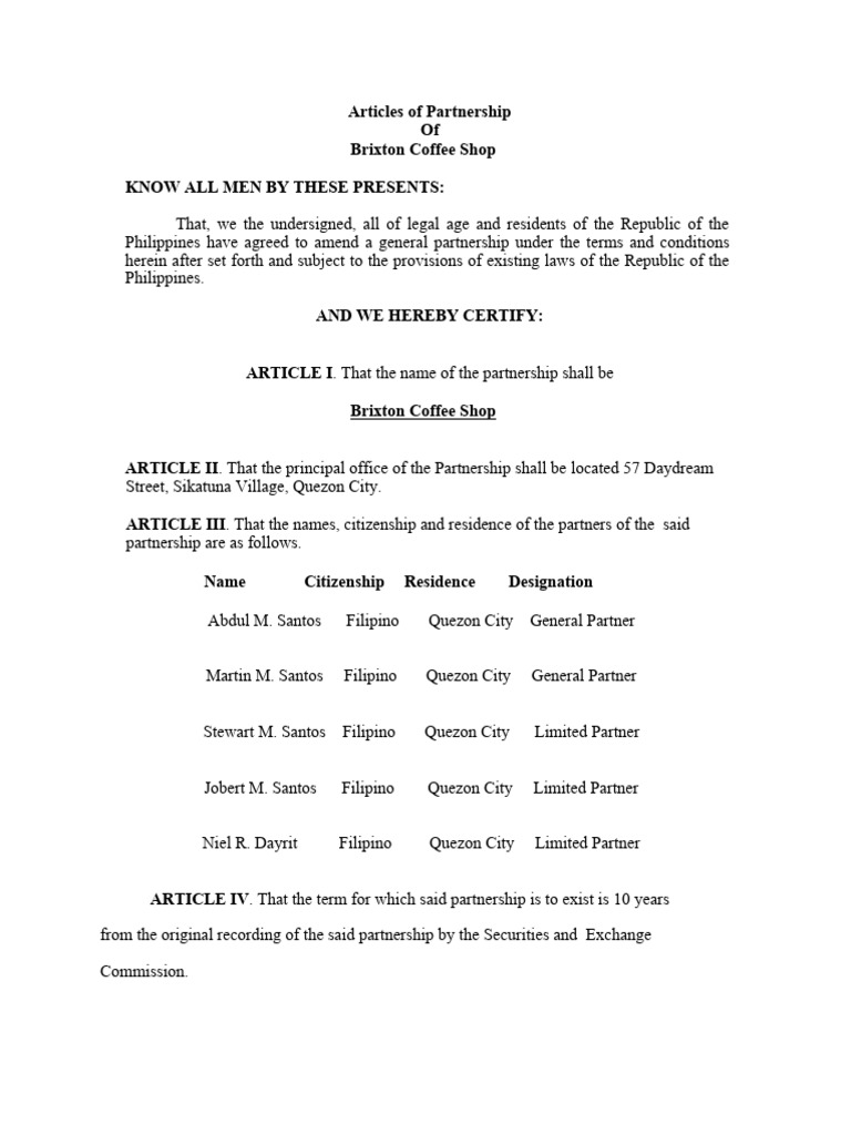 SEC - Articles of Partnership - ACUÑA | PDF | Partnership | Private Law