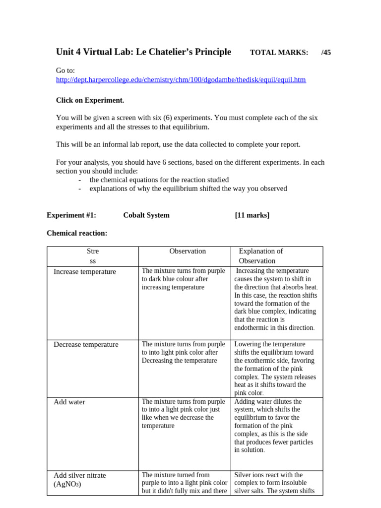 Unit 4 Virtual Lab - Le Chatelier’s Principle | PDF | Chemical ...