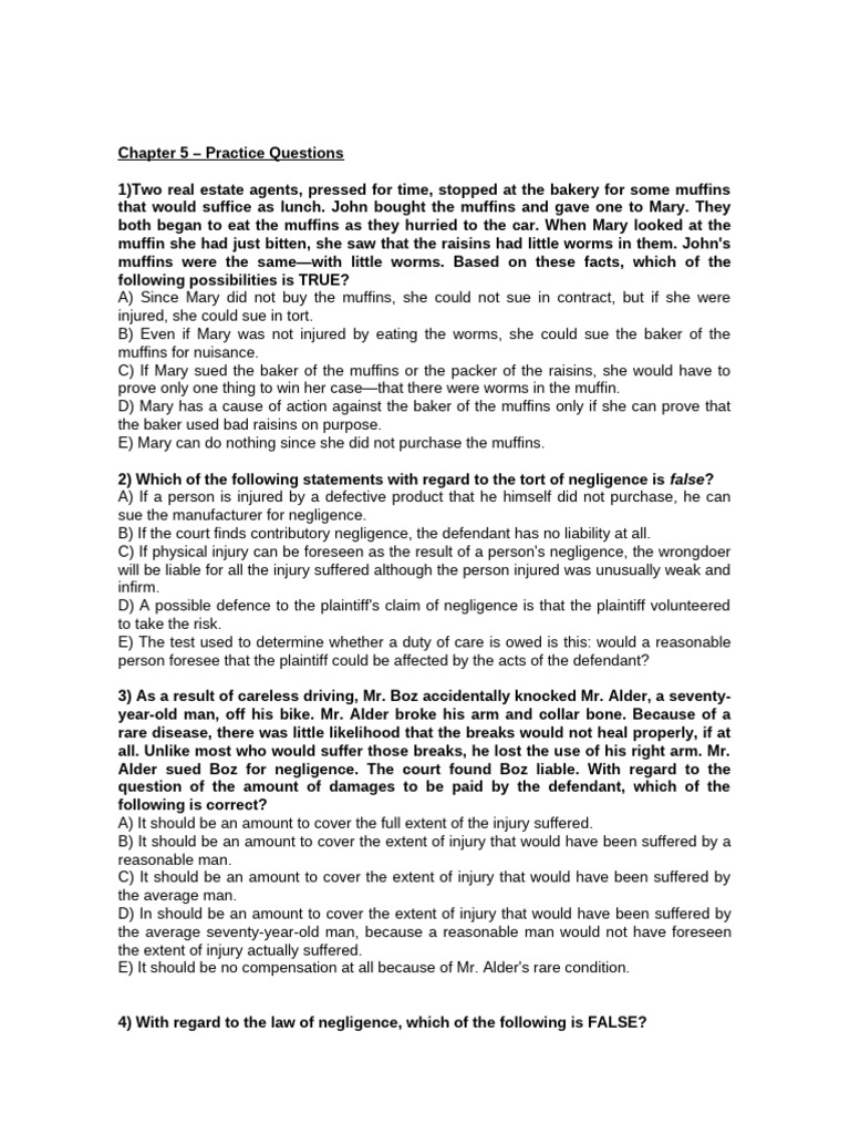 Chapter 5 Practice Questions | PDF | Negligence | Legal Liability