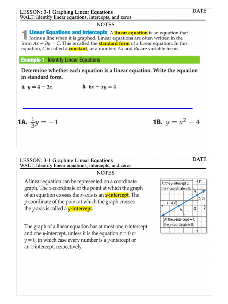 Ira Khanna - 3-1 Graphing Linear Equations- Cornell Notes (1) | PDF