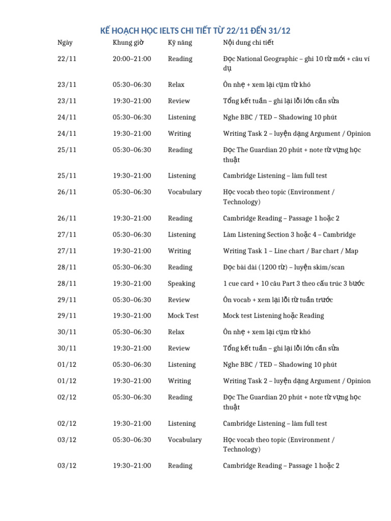 IELTS Detailed Daily Study Schedule Nov Dec | PDF
