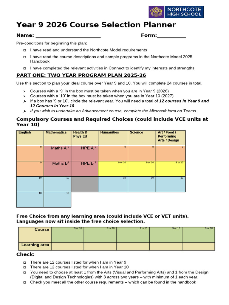 Year 9 2026 Course Selection Planner | PDF | Parent