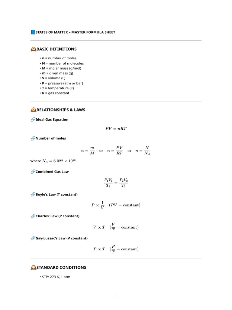 States of Matter Formulas | PDF | Gases | Mole (Unit)