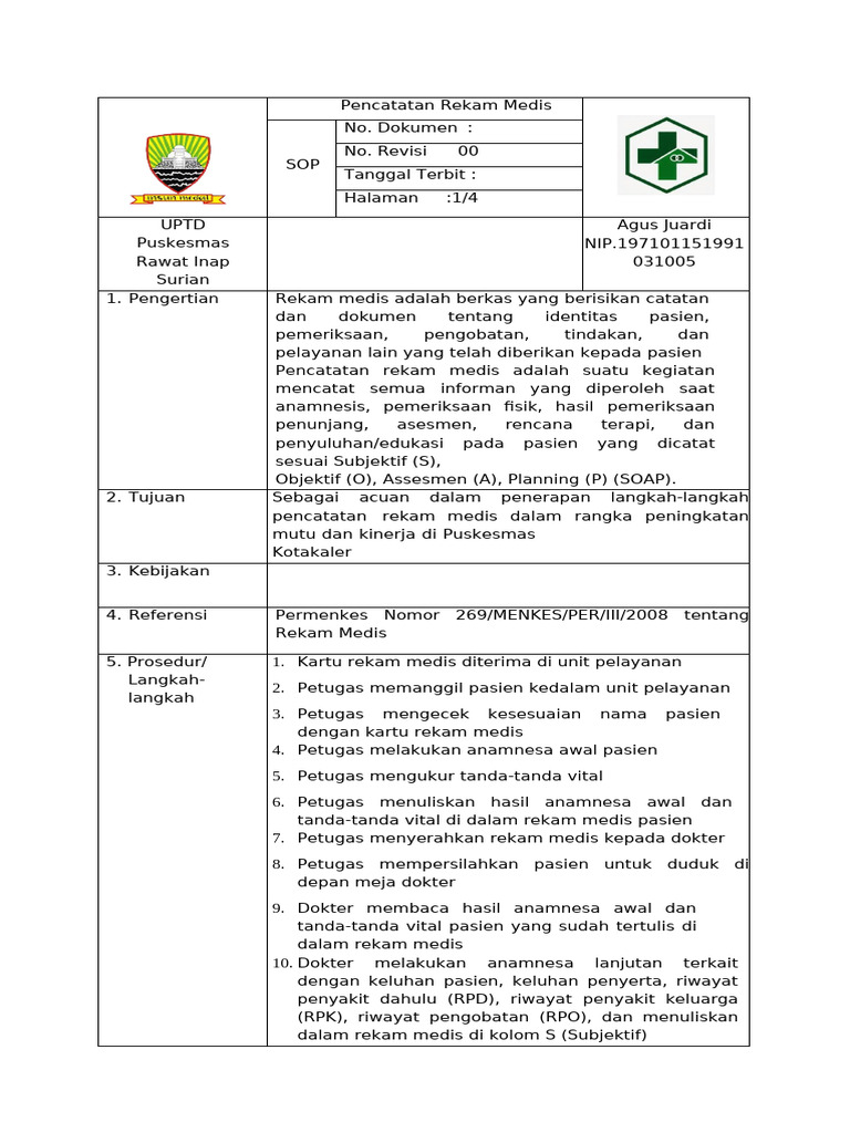 Prosedur Pencatatan Rekam Medis Puskesmas | PDF