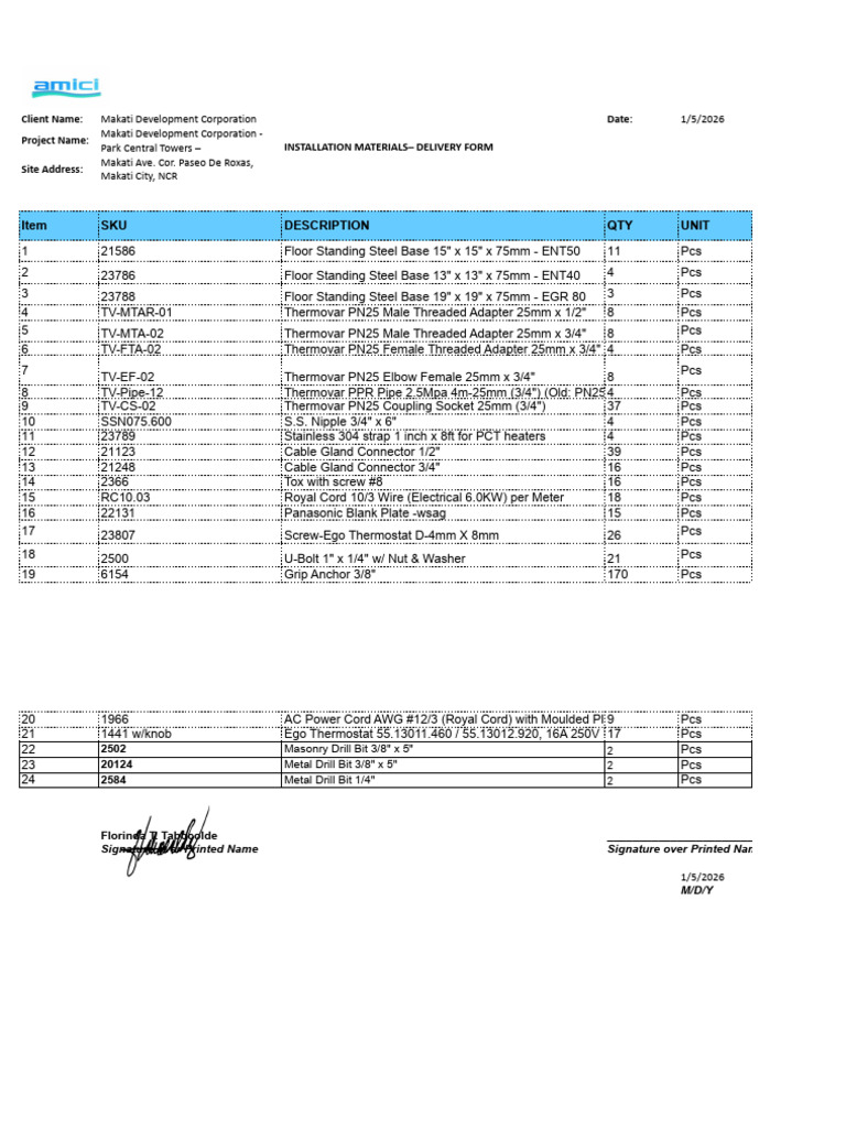 Installation Materials Delivery Form | PDF | Manufactured Goods | Equipment