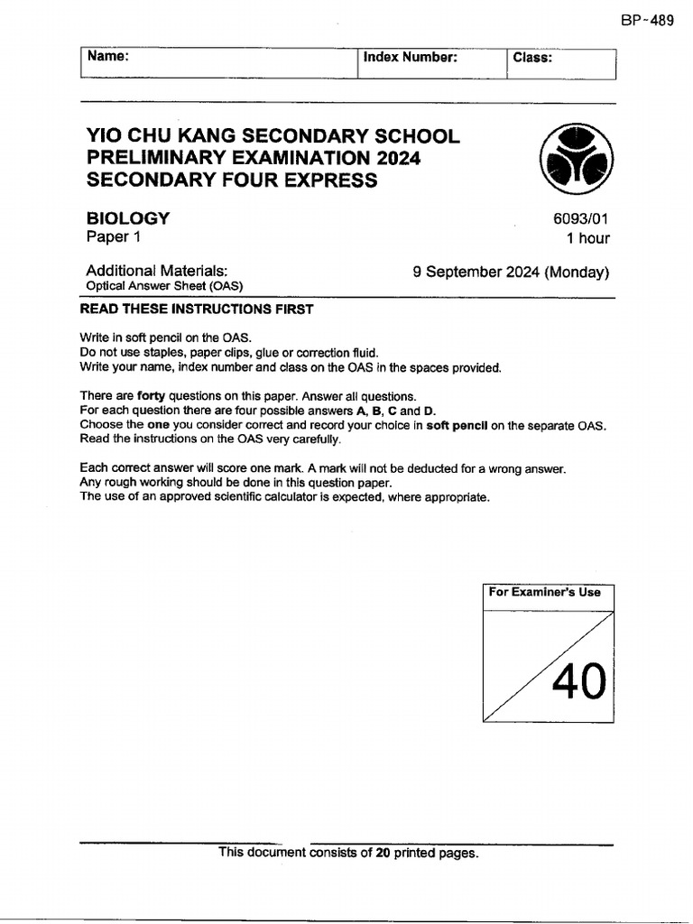 2024 Sec 4 Pure Biology Prelim Yio Chu Kang Secondary With Answer | PDF
