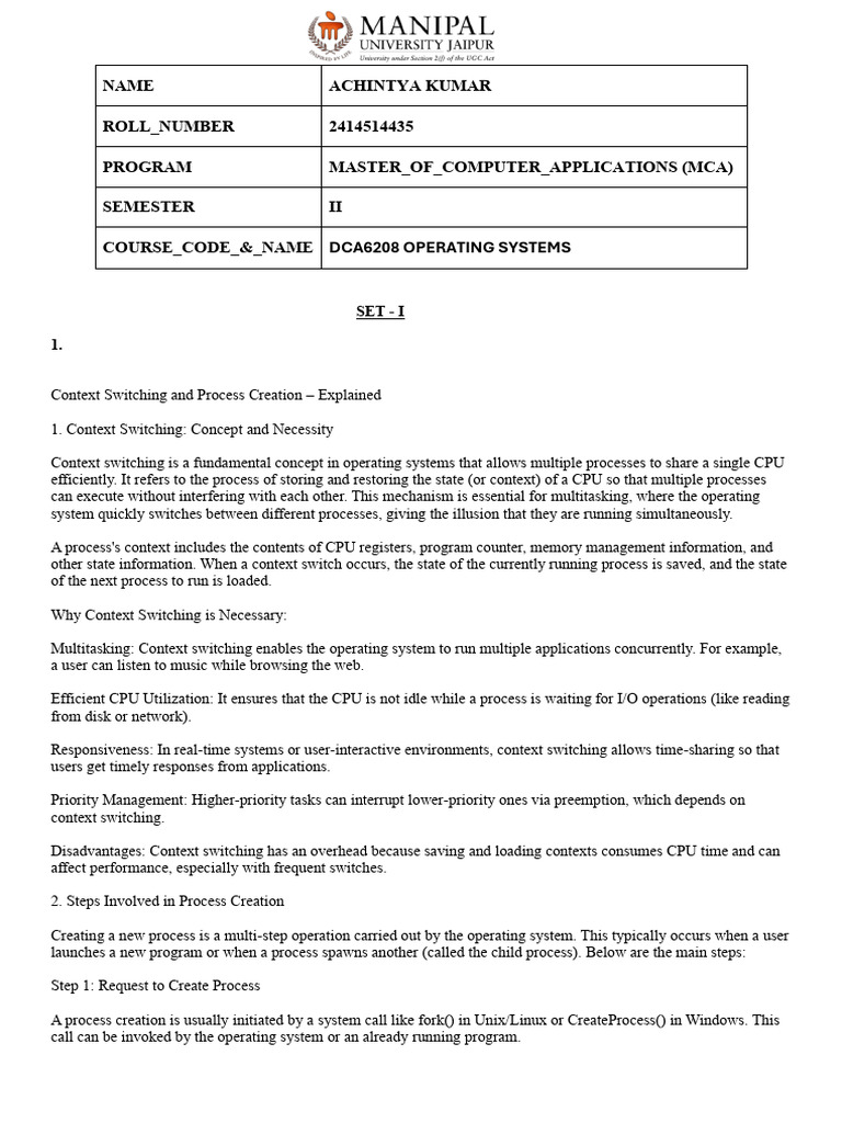 Context Switching & Process Creation in OS | PDF | Firewall (Computing ...