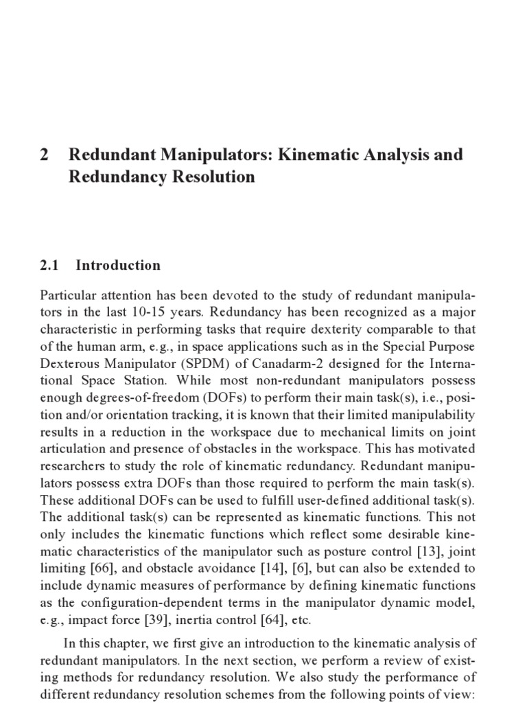 2 Redundant Manipulators: Kinematic Analysis and Redundancy Resolution | PDF | Linear Subspace ...