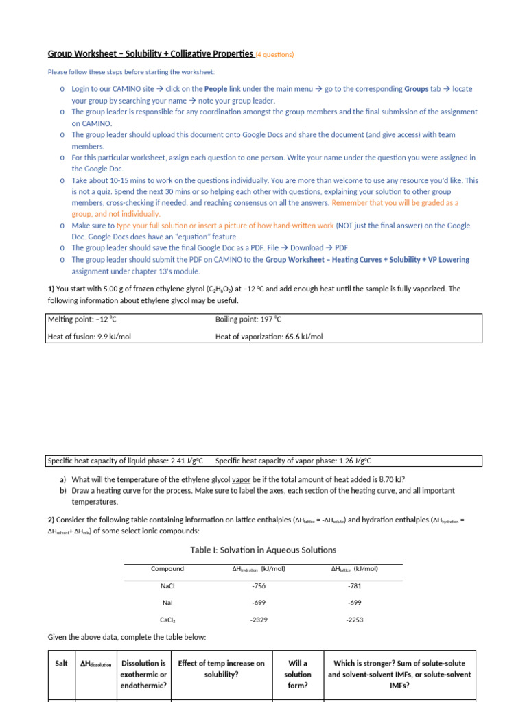 Solubility and Colligative Properties Worksheet | PDF | Solvation ...