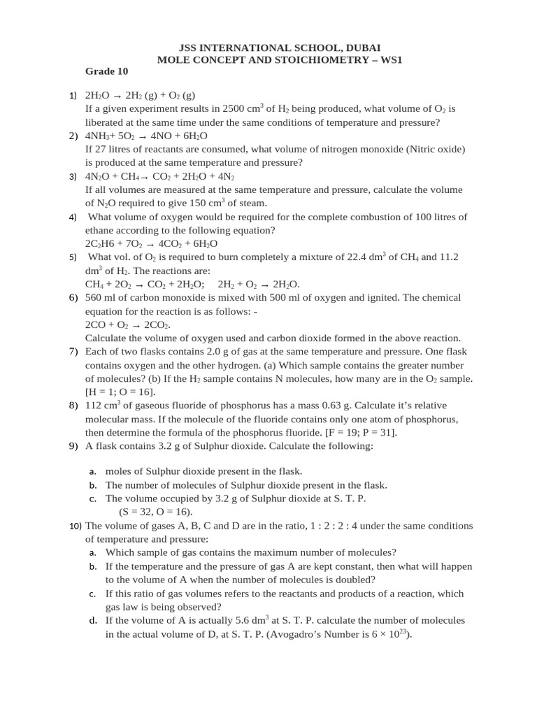 Mole Concept and Stoichiometry - WS 1 | PDF | Gases | Stoichiometry
