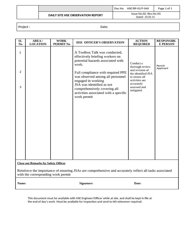 Daily HSE Observation Report | PDF | Safety | Occupational Safety And ...
