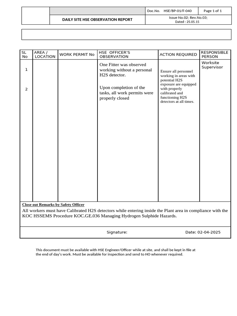 01-Daily Site HSE Observation Report | PDF