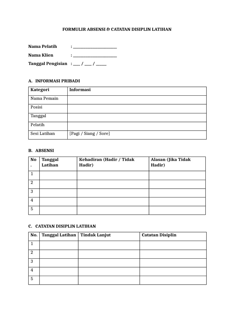 Formulir Absensi dan Disiplin Latihan | PDF