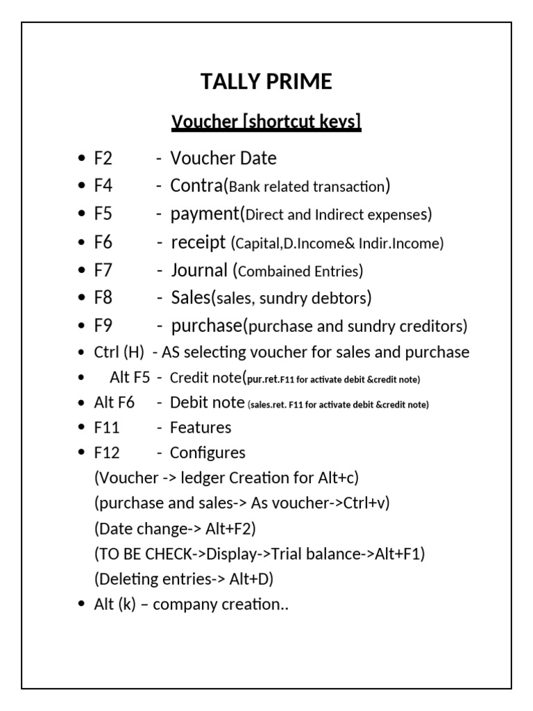 Tally Prime Voucher Shortcut Keys Guide | PDF