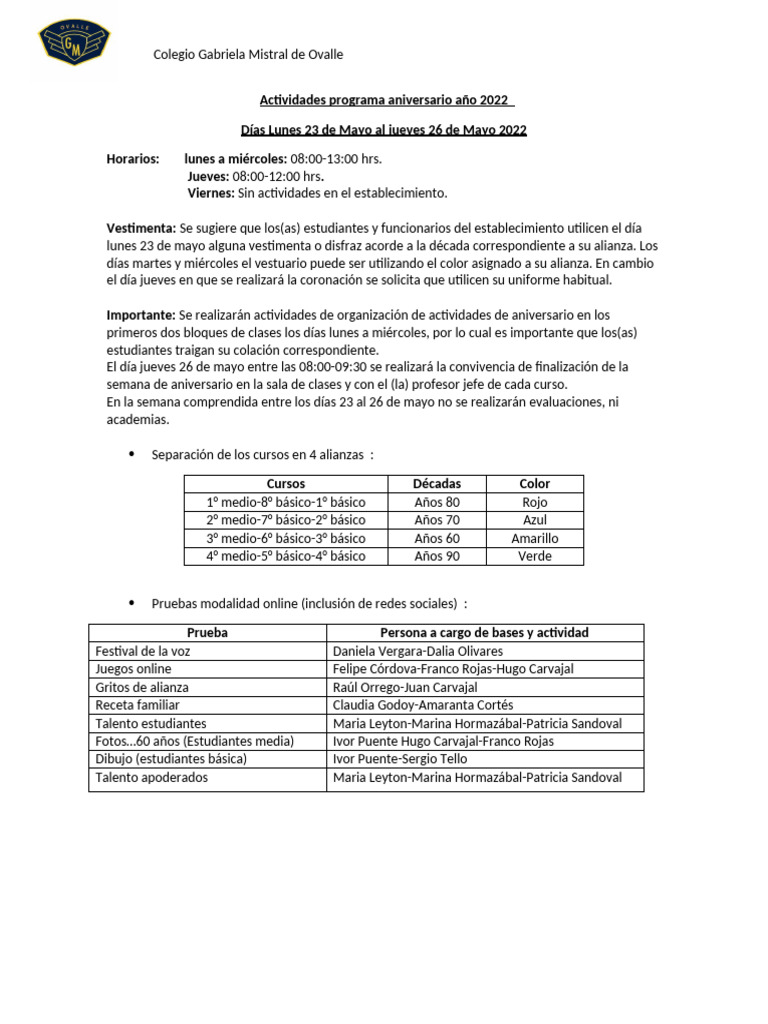 Actividades Programa Aniversario Año 2022 | PDF | Lápiz