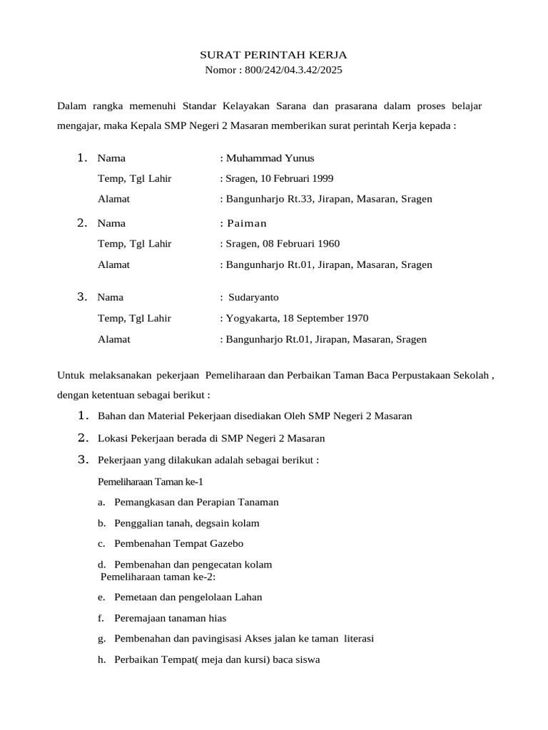 Surat Perintah Kerja Pemeliharaan Taman | PDF