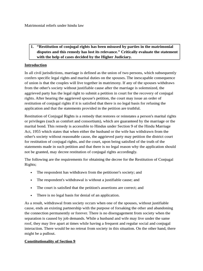Hindu Law: Restitution of Conjugal Rights | PDF | Divorce | Marriage